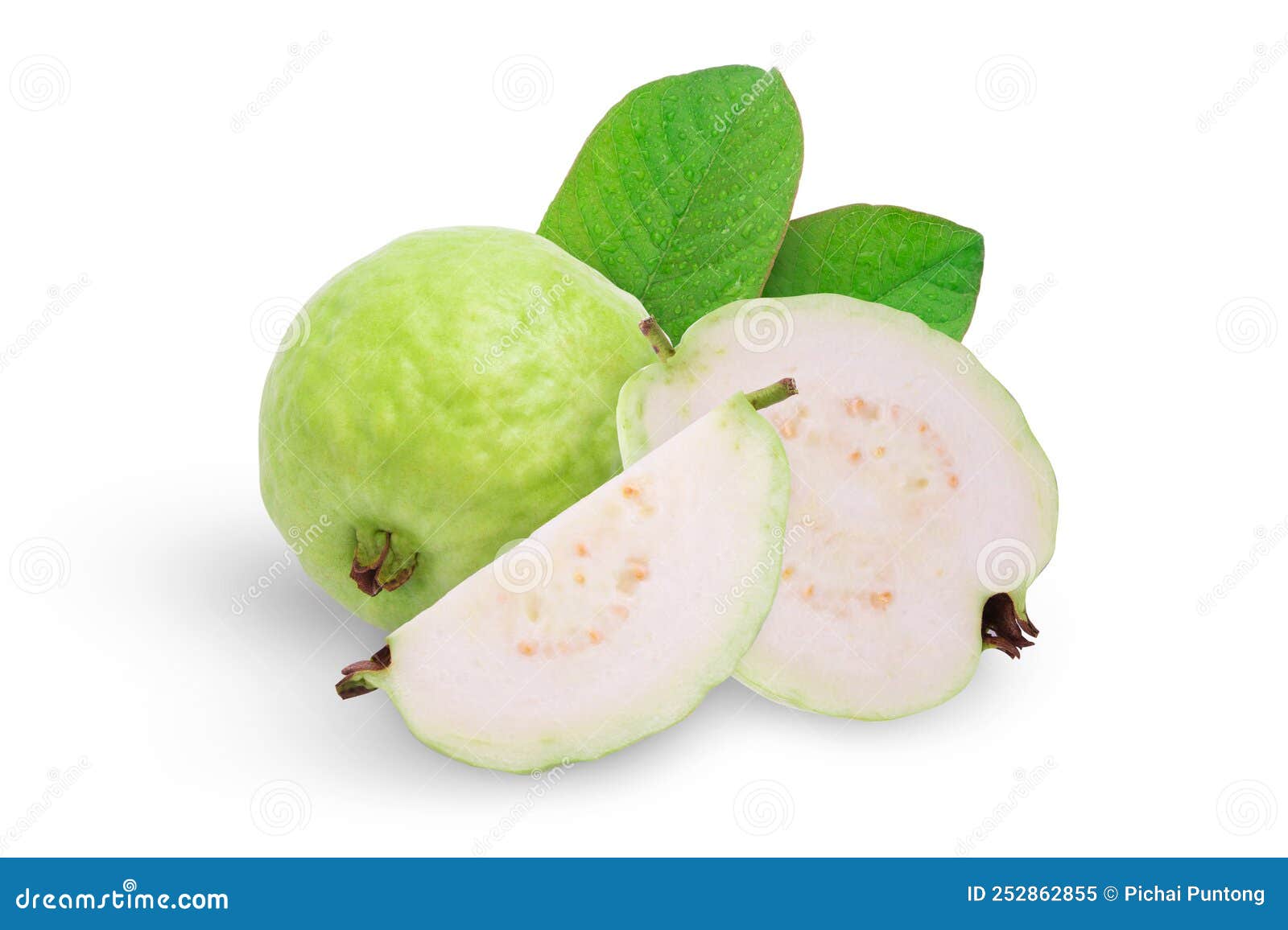 Guava Fruit with Slice and Leaf Has Water Drop. Stock Image - Image of ...