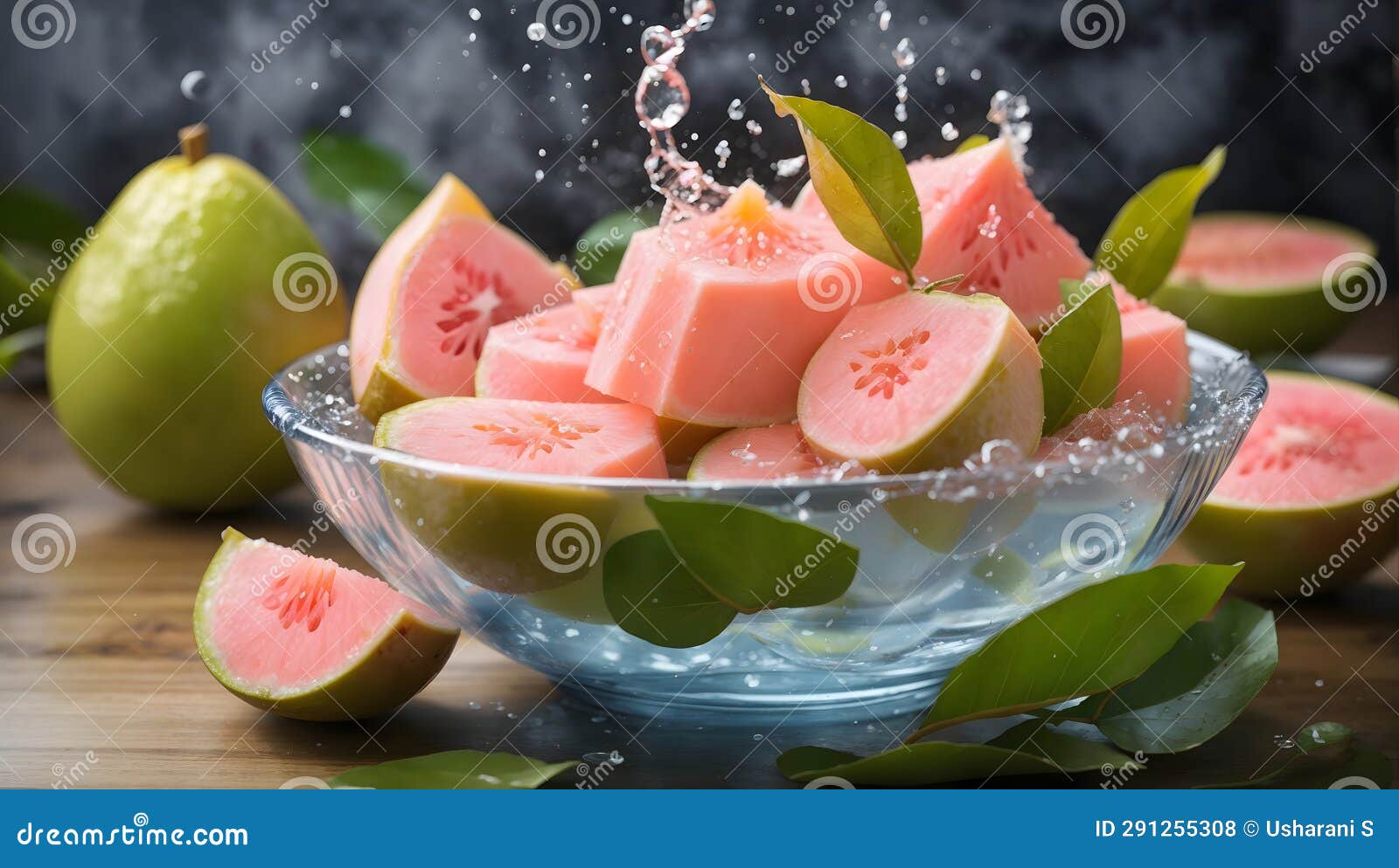 Guava Fruit and Guava Slices with Leaf Water Splash in Bowl. Image is ...