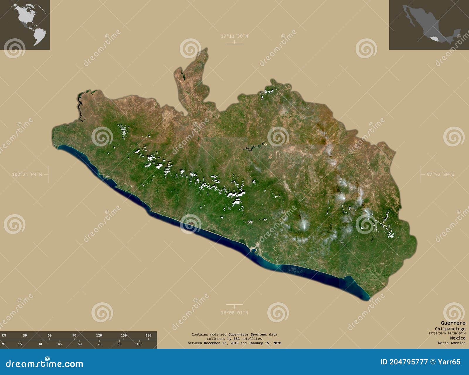 Guerrero, Mexico - Composition. Sentinel-2 Satellite Stock Illustration ...