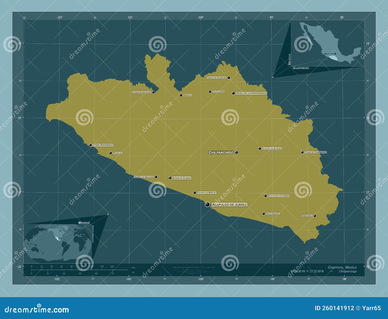 Guerrero, Mexico. Solid. Labelled Points of Cities Stock Illustration ...