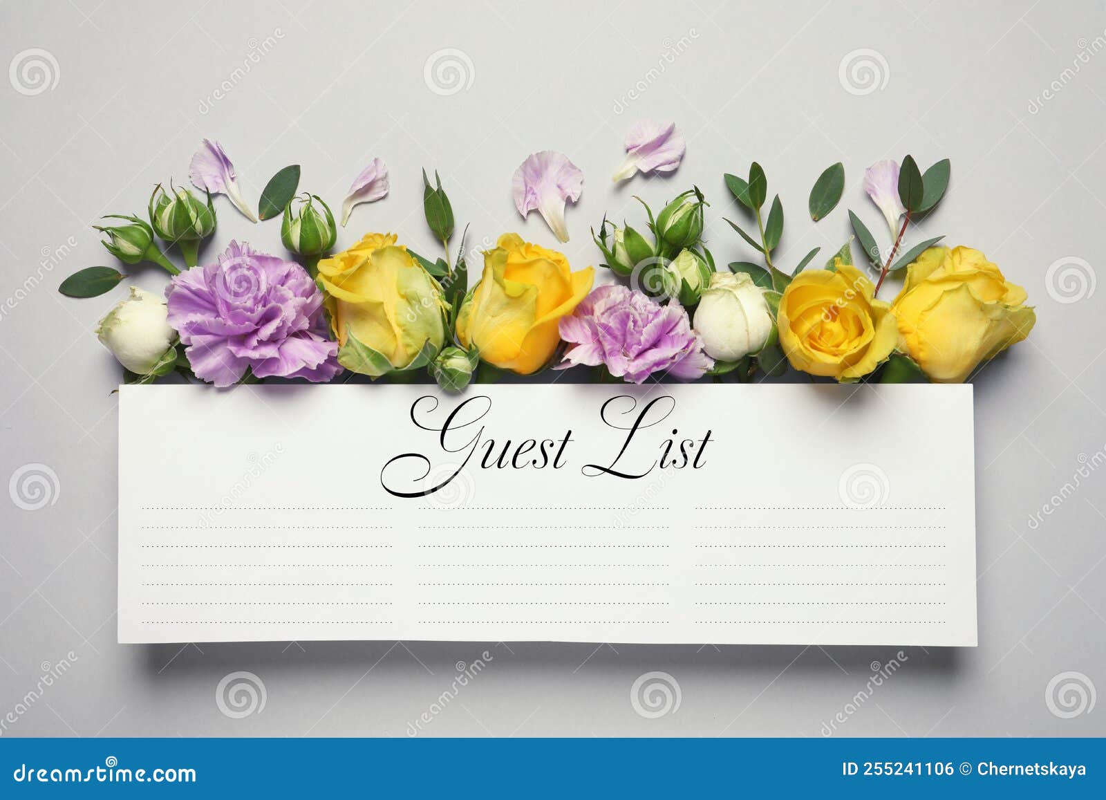 Guest List and Beautiful Flowers on Light Grey Background, Flat Lay ...