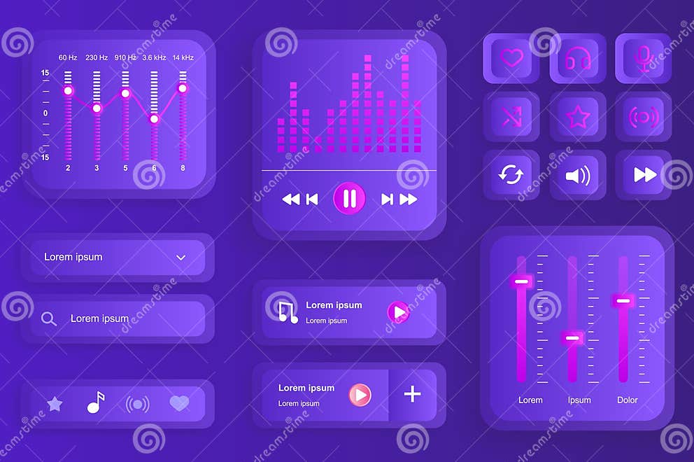 GUI Elements for Music Player Mobile App. Audio Equalizer Settings, Playlist Navigation, Search ...