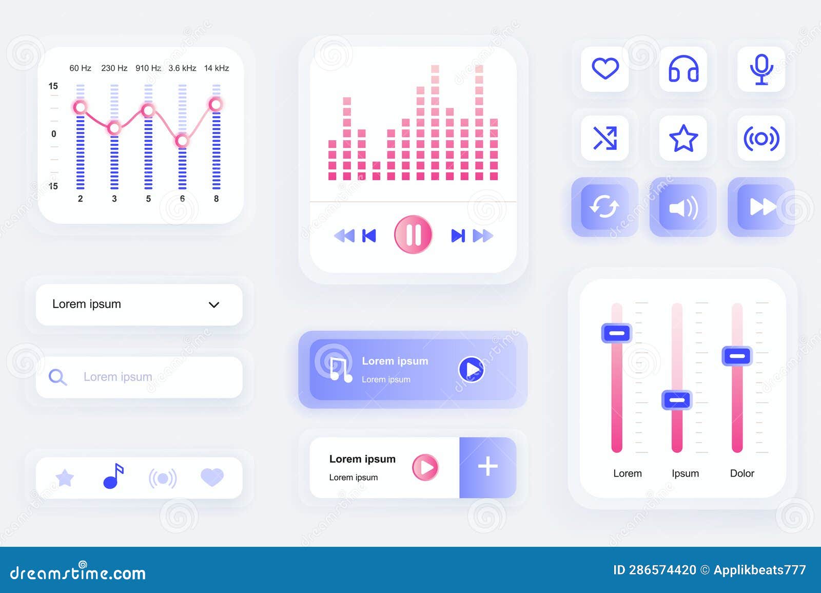 GUI Elements for Music Player Mobile App. Audio Equalizer Settings, Playlist Navigation, Search ...
