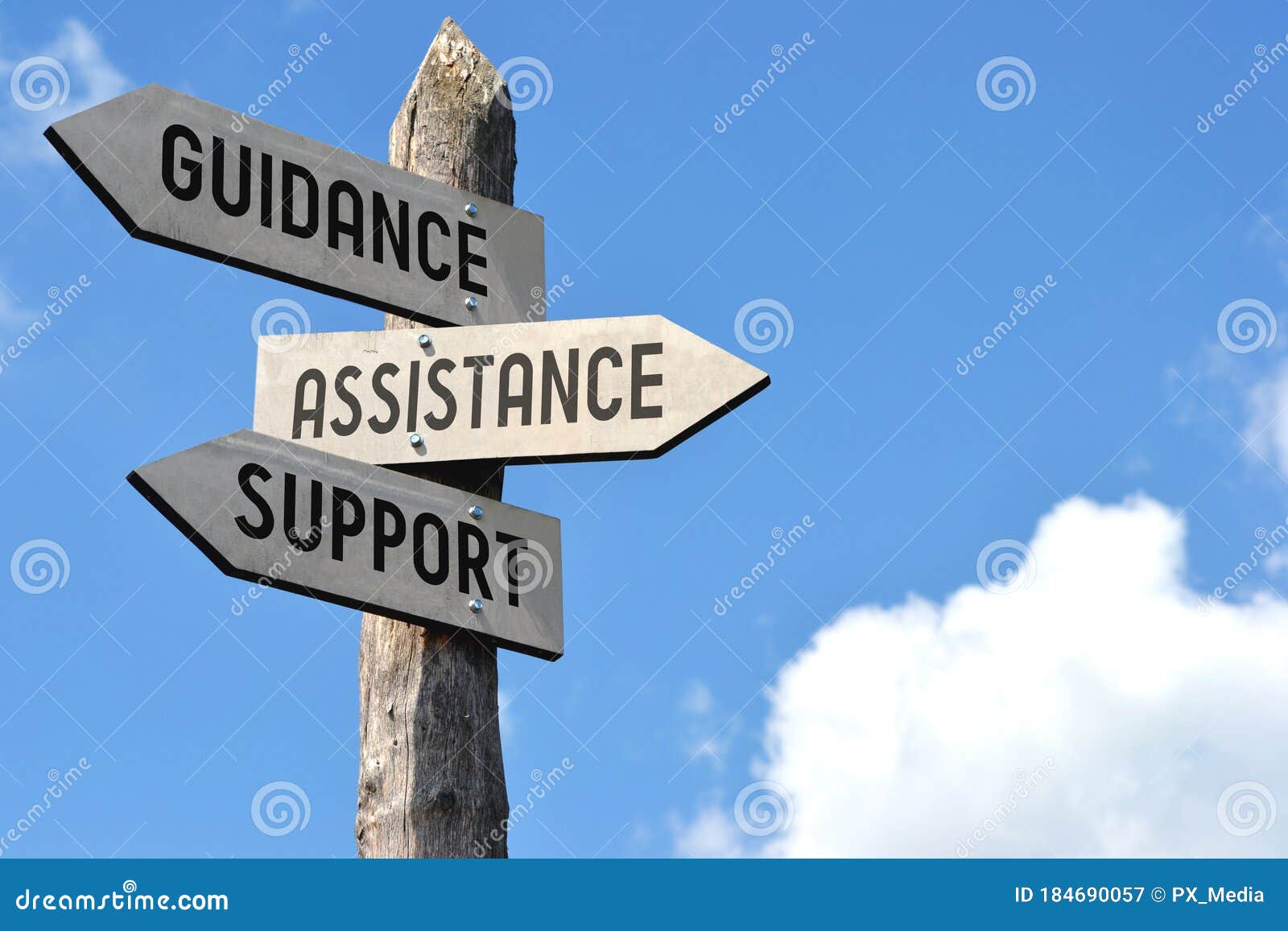 Guidance, Assistance, Support - Crossroads Sign with Three Arrows Stock ... Guidance, Assistance, Support - Crossroads Sign with Three Arrows Stock ...