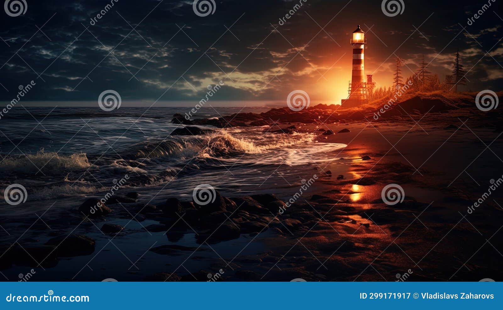 The Guide Fire is a Lighthouse on the Shore in the Dark Stock ...