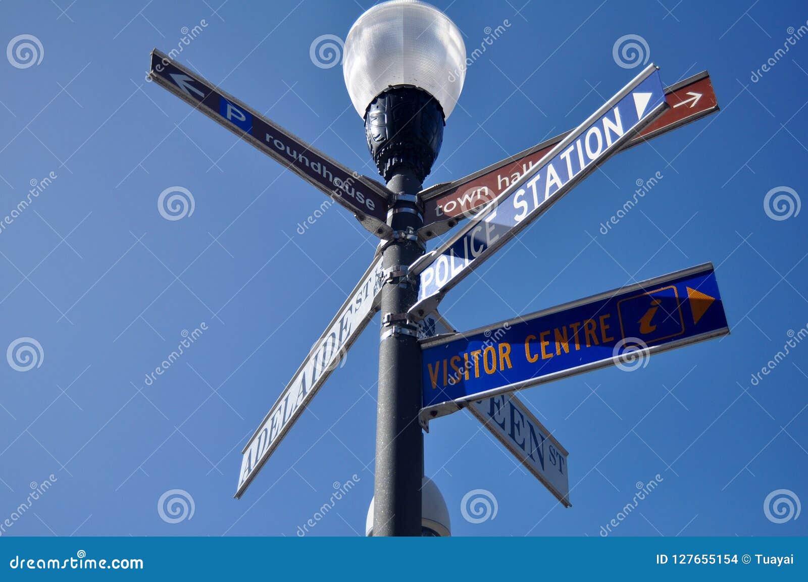 Guide Post and Lamp Pole at beside Road on Adelaide Street Editorial ...