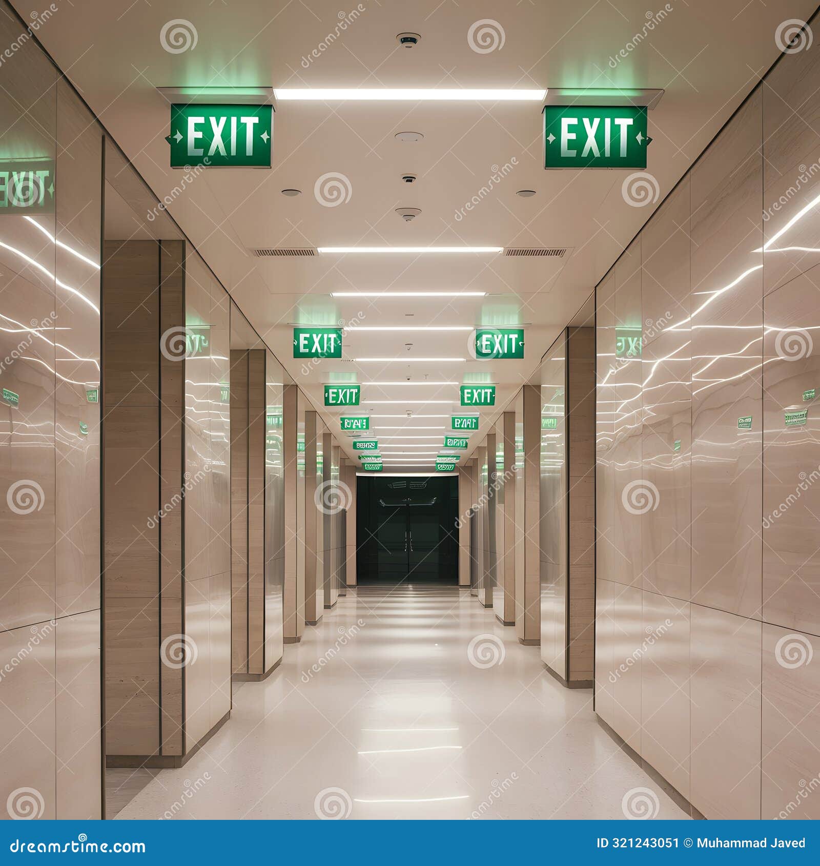 Guided by Linear Lights, Follow Bright Green Exit Signs Down Pristine ...