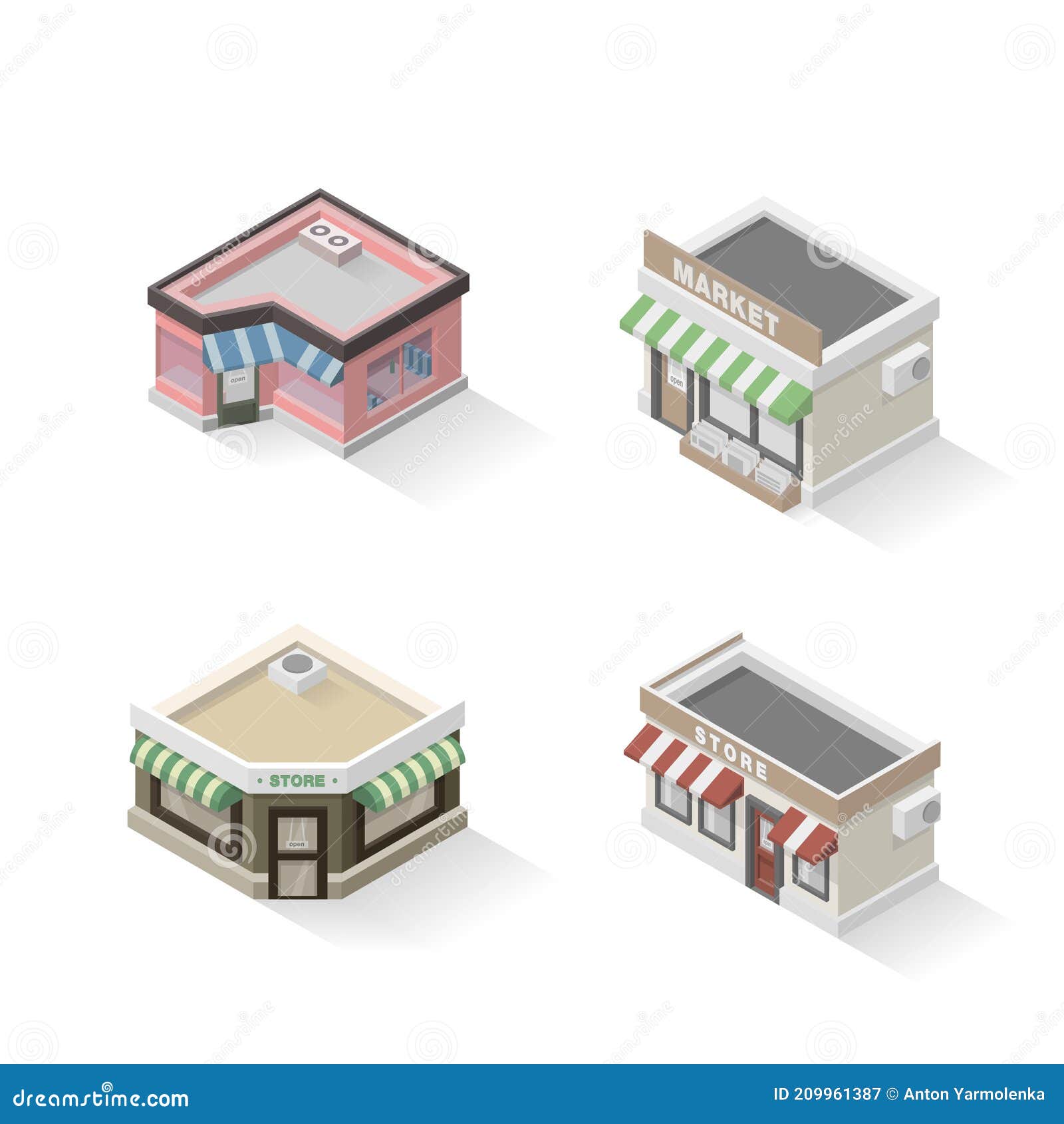 Set of Vector Isometric Stores. Vector Illustration of Shop, Restaurant ...
