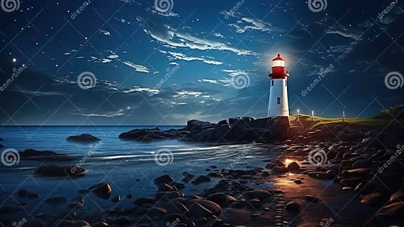 The Guiding Star is a Lighthouse on the Shore of the Ocean at Night ...