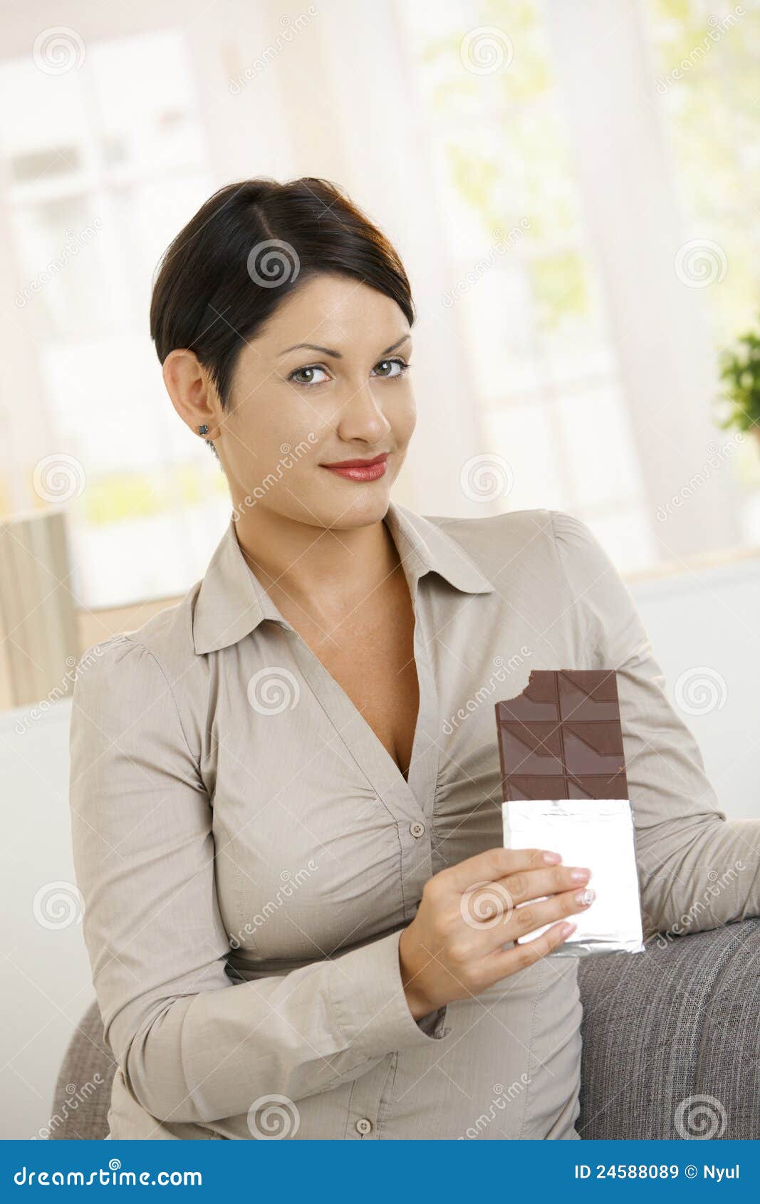 Guiltily Looking Woman Eating Chocolate Stock Image - Image of eating ...
