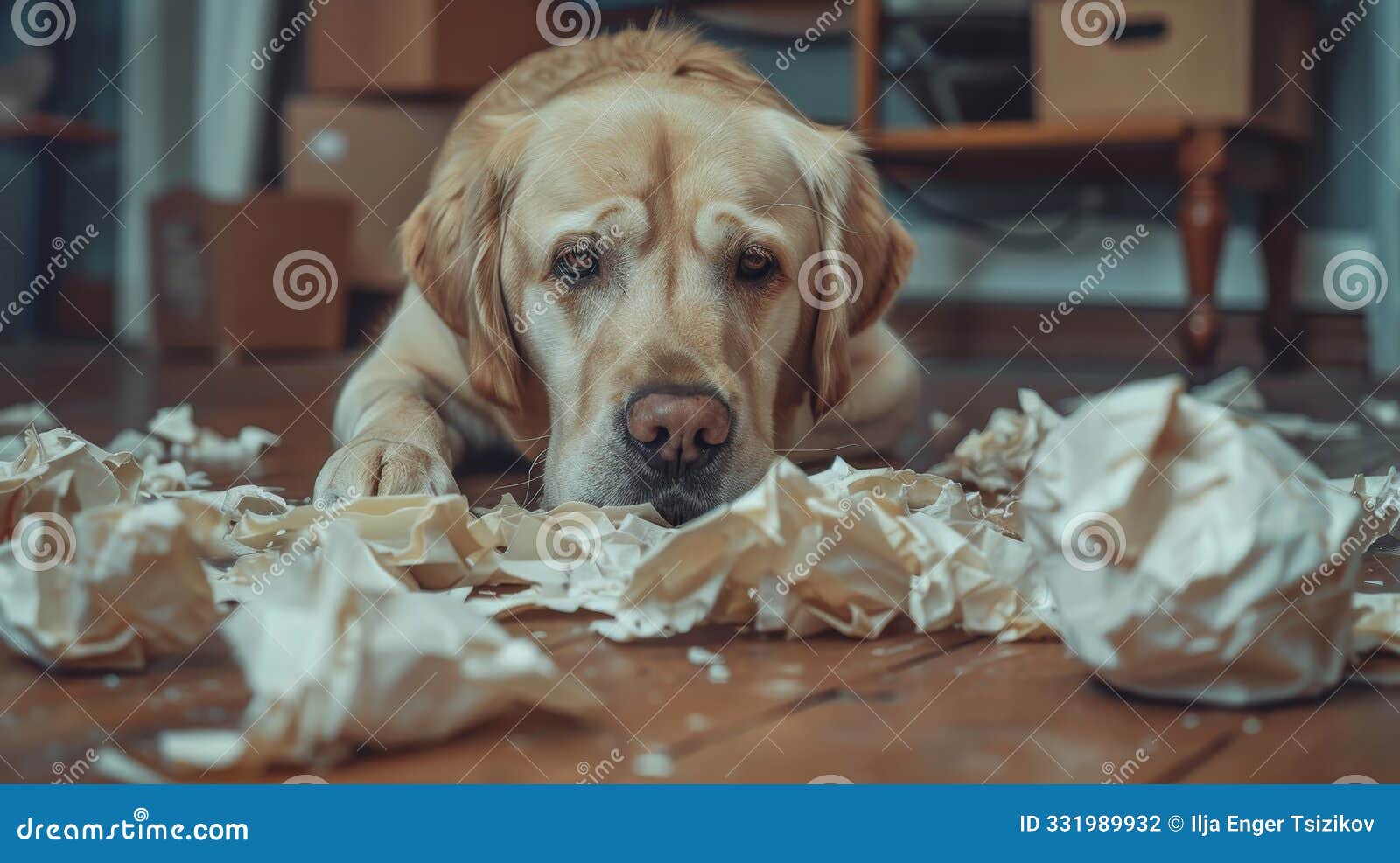 Guilty Yellow Labrador Retriever with Cute Expression and Torn Paper ...