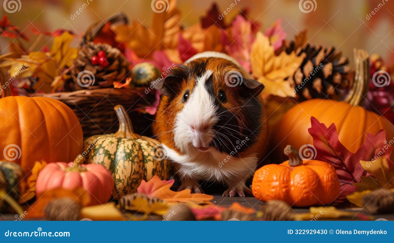 A Guinea Pig Dressed As a Turkey with Fall Leaves and Pumpkins in the ...