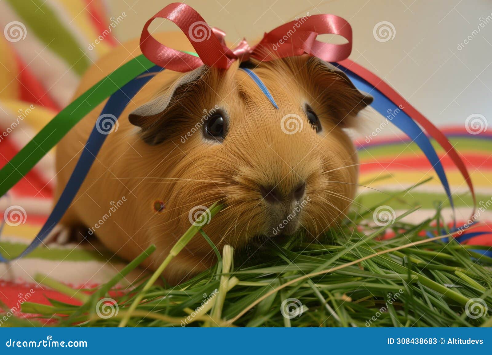 Guinea Pig with a Ribbon on Its Head Nibbling Grass Stock Image - Image ...