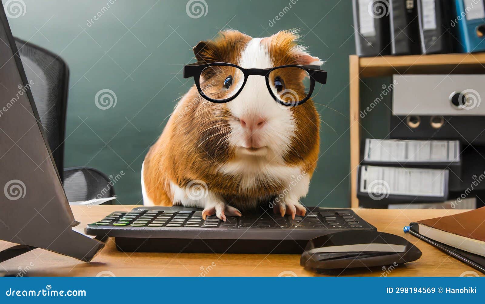 Guinea Pig Wearing Glasses Sitting on Desk Looking at Computer Screen ...