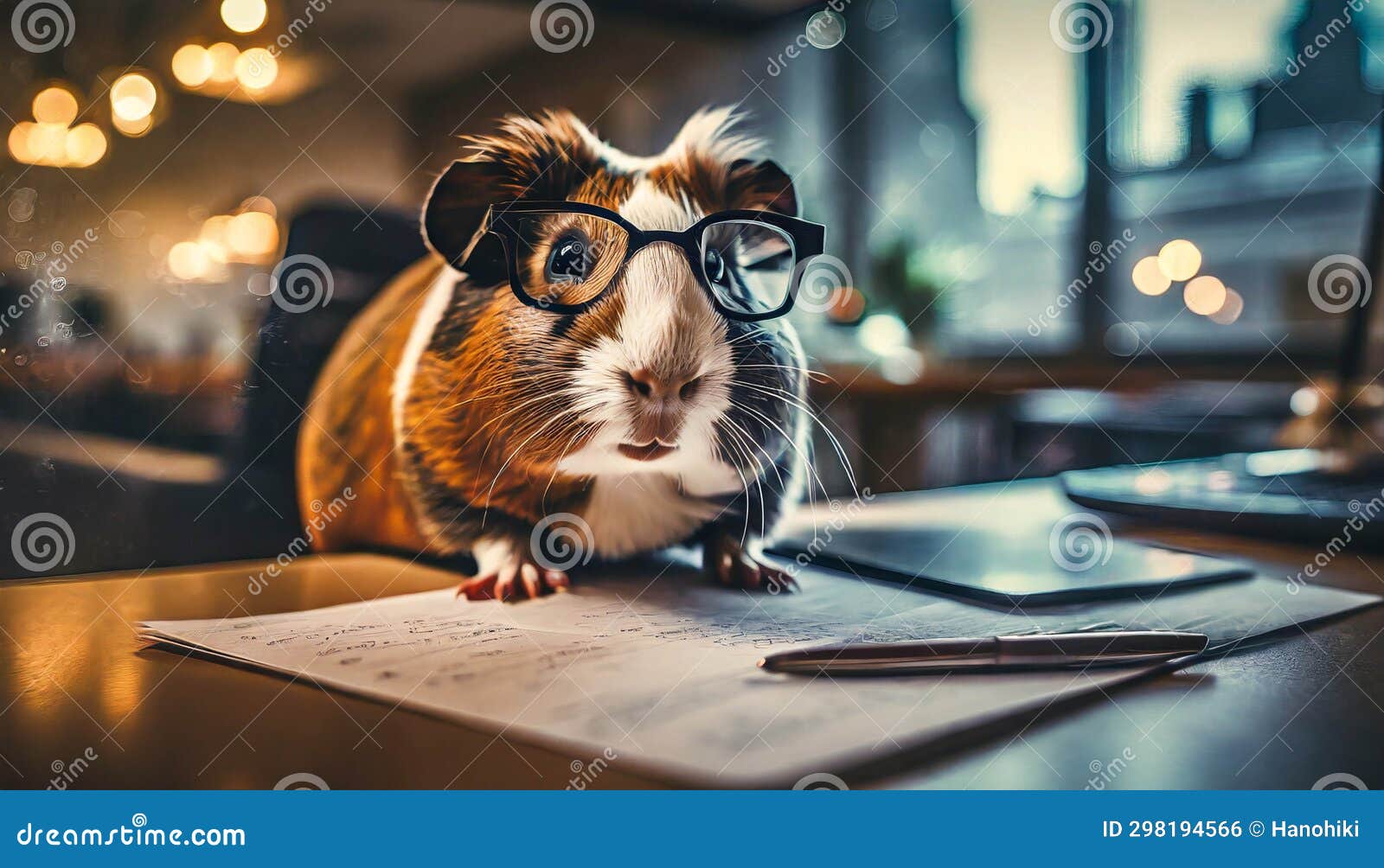 Guinea Pig Wearing Glasses Sitting on Desk Working and Late. Study and ...