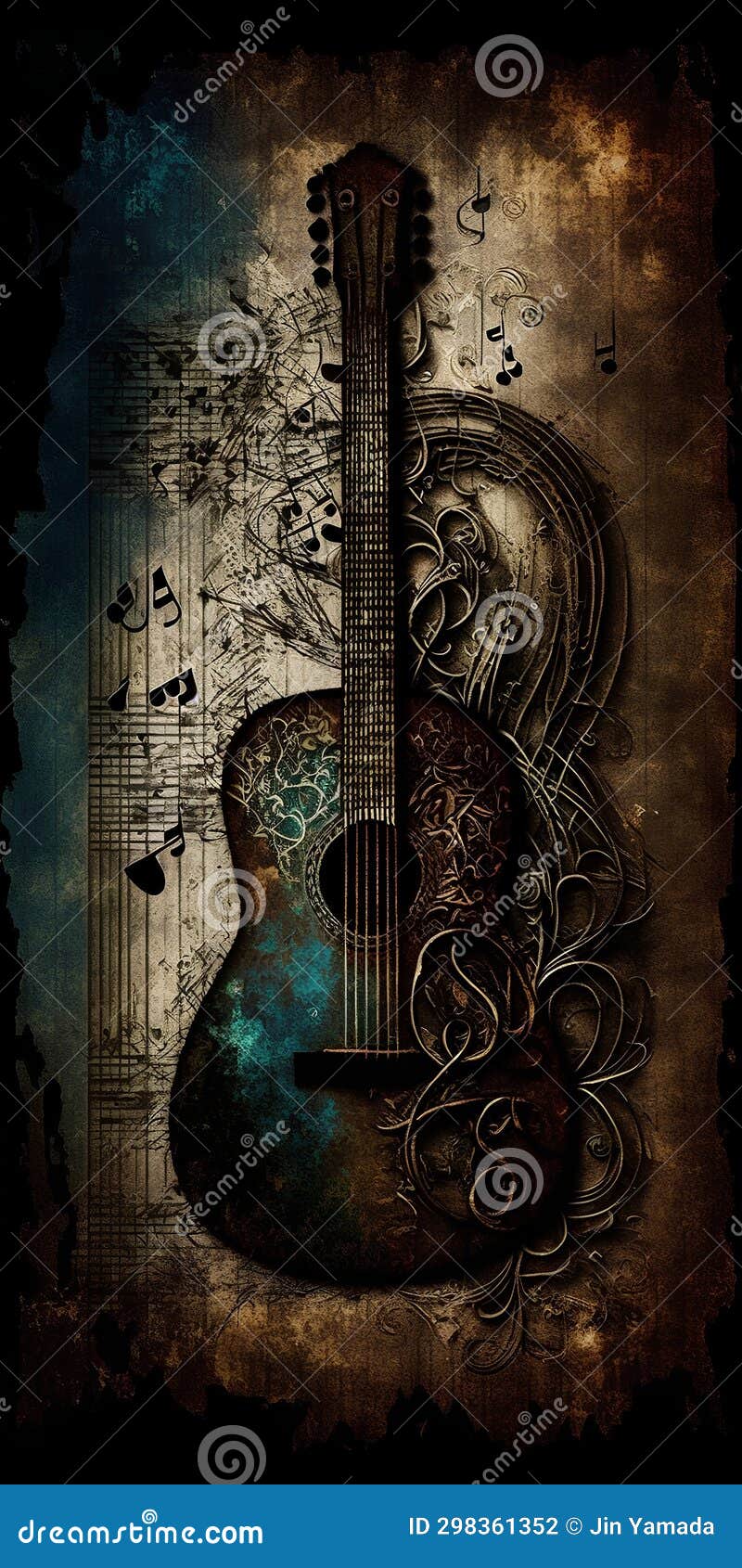 Guitar on Abstract Grunge Background with Music Notes and Notes Stock ...