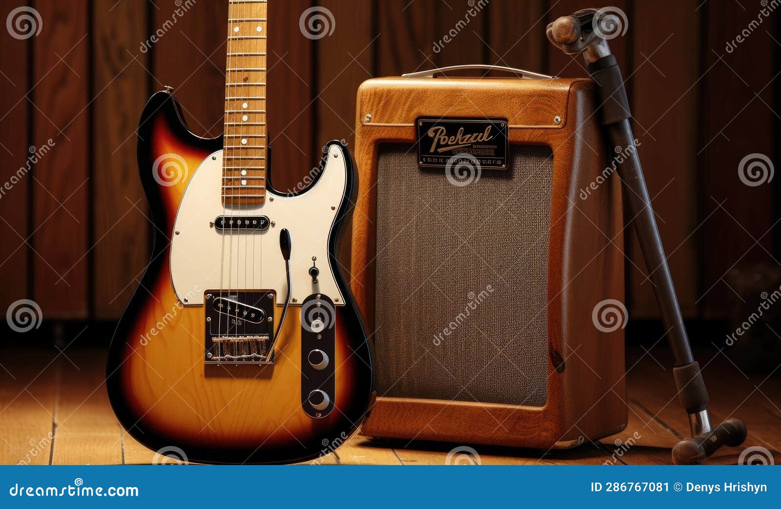 A Guitar and Amplifier on a Rustic Wooden Floor Stock Illustration ...