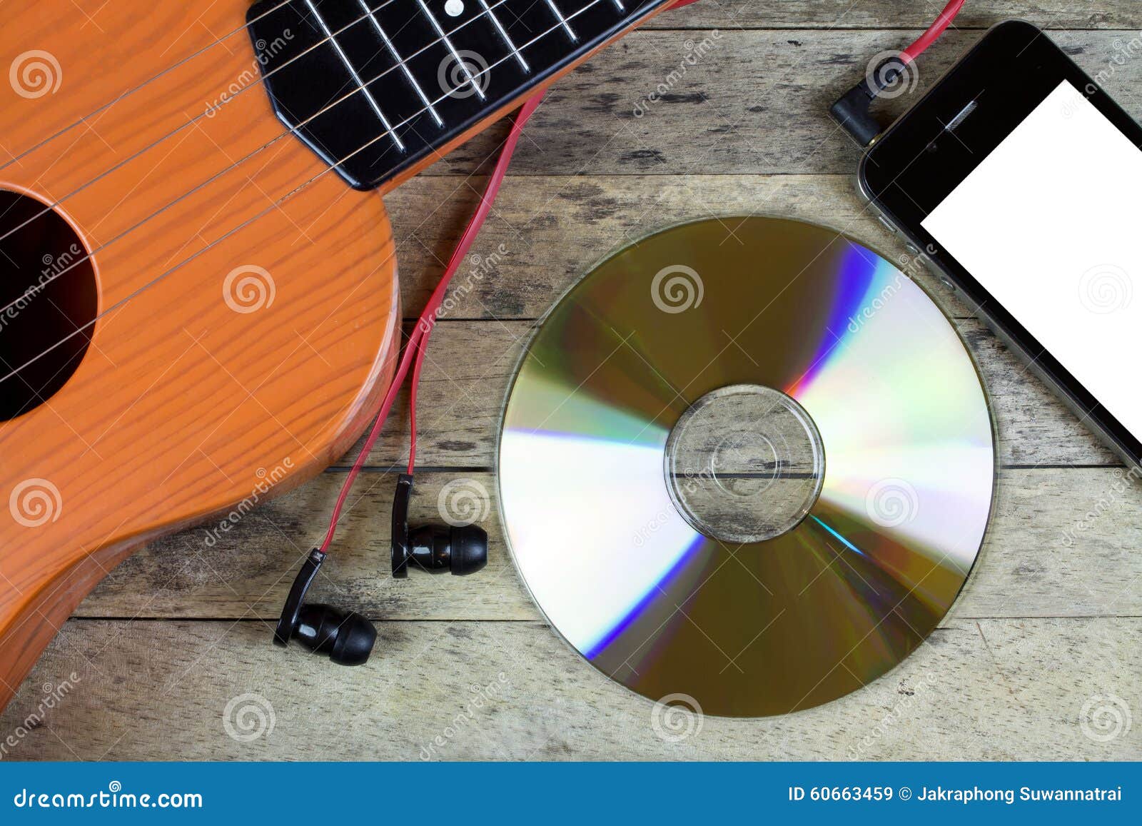 Guitar, CD Disc, Smart Phone and Earphones Stock Image - Image of ...