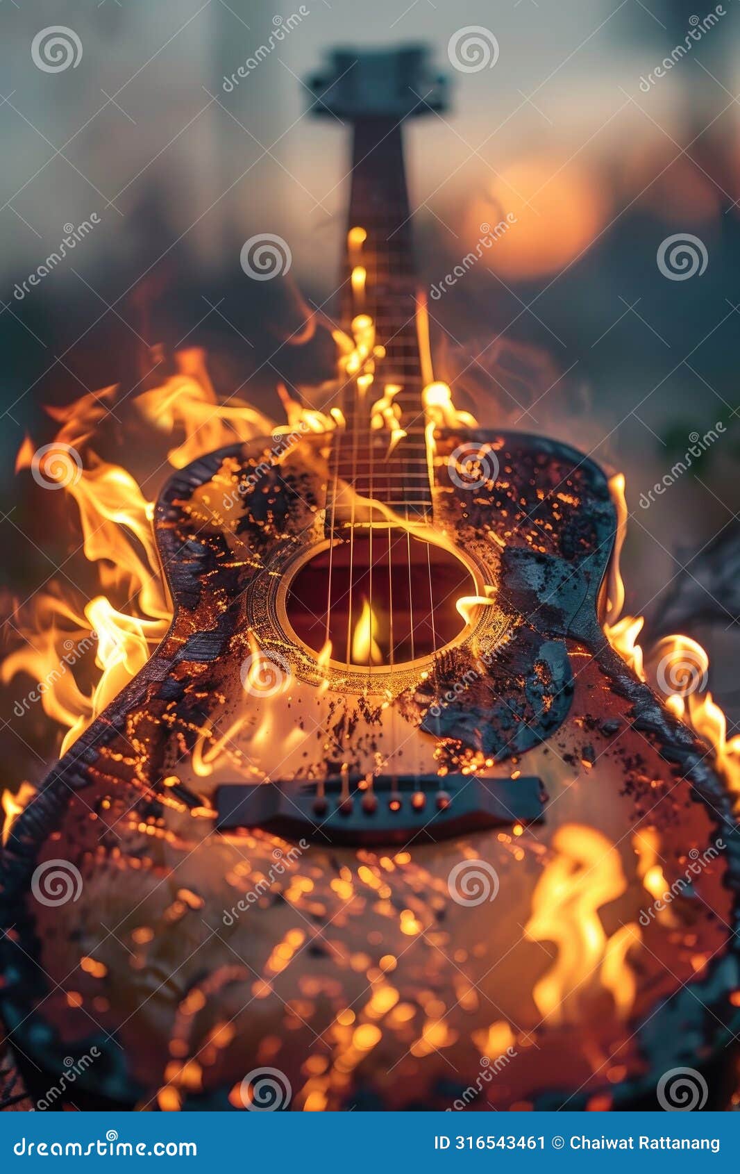 Guitar on Fire Isolated on Black Background. Stock Illustration ...