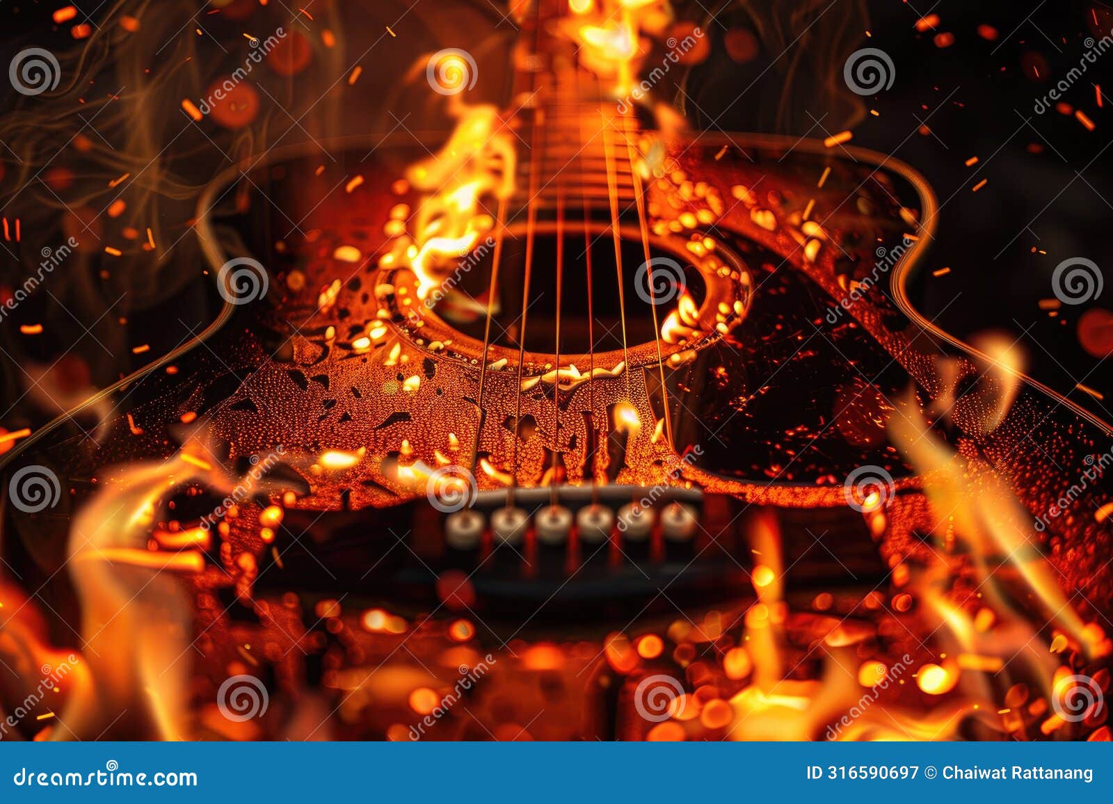 Guitar on Fire Isolated on Black Background. Stock Image - Image of ...