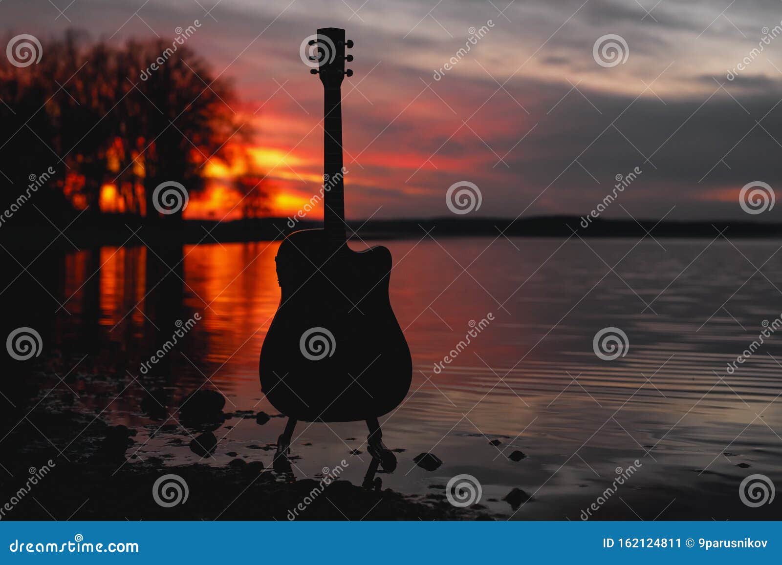Guitar by the Lake at Sunset Time Stock Image - Image of musician ...