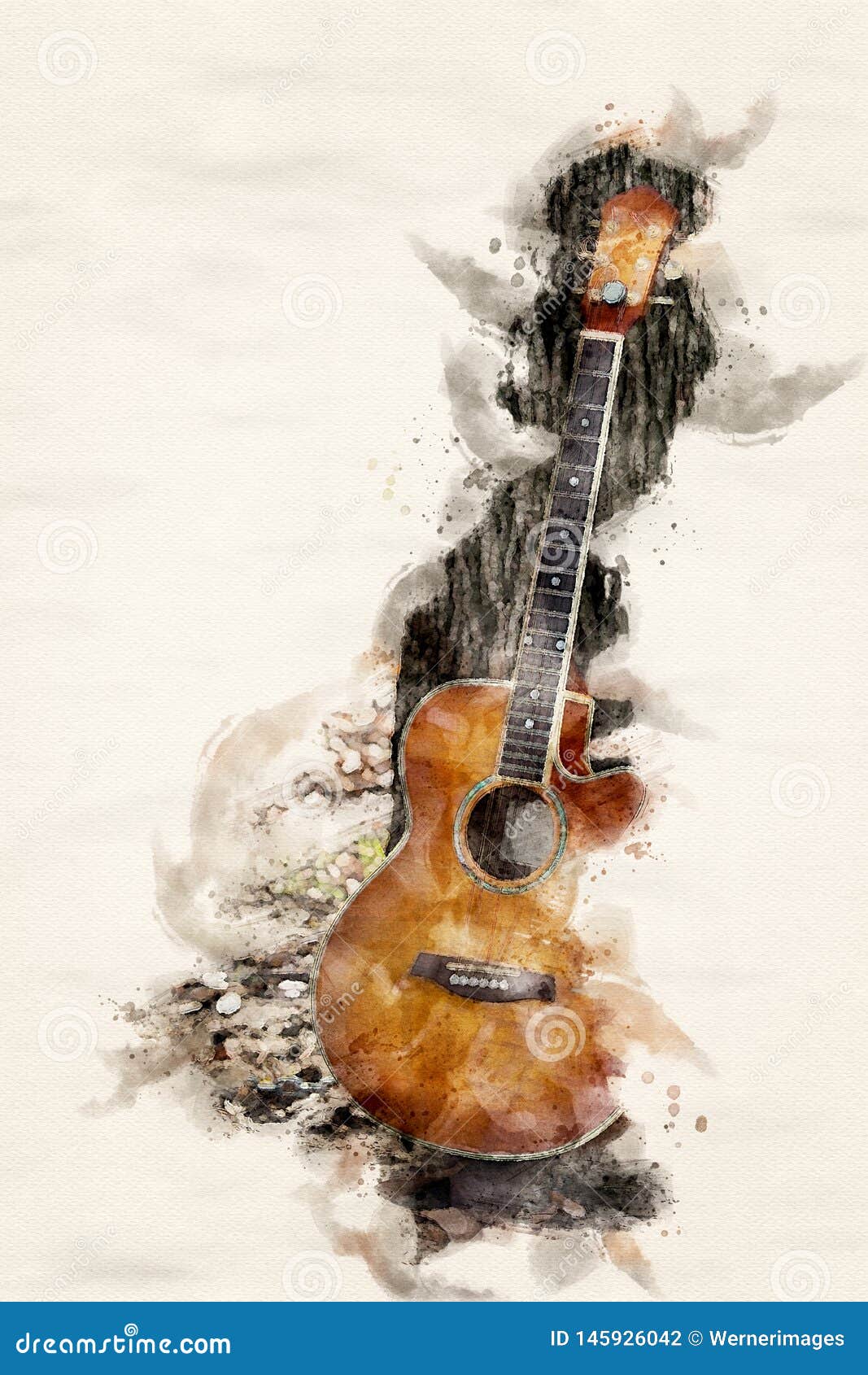 Guitar Leaning on Tree in Watercolors Stock Illustration - Illustration ...