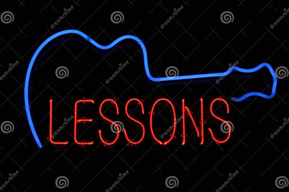 Guitar Lessons Neon Sign stock image. Image of finger - 14554705