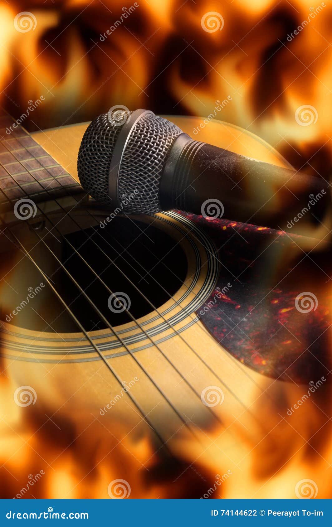 Guitar with Microphone,fire Flame Screen. Stock Photo - Image of metal ...
