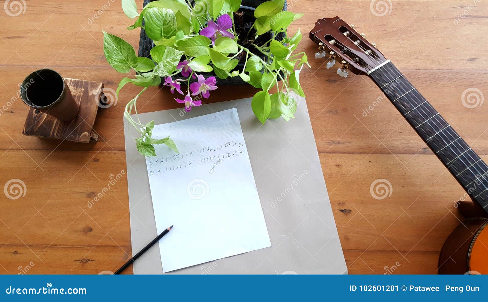 Guitar Music Notes on Table. Stock Image - Image of home, vivid: 102601201