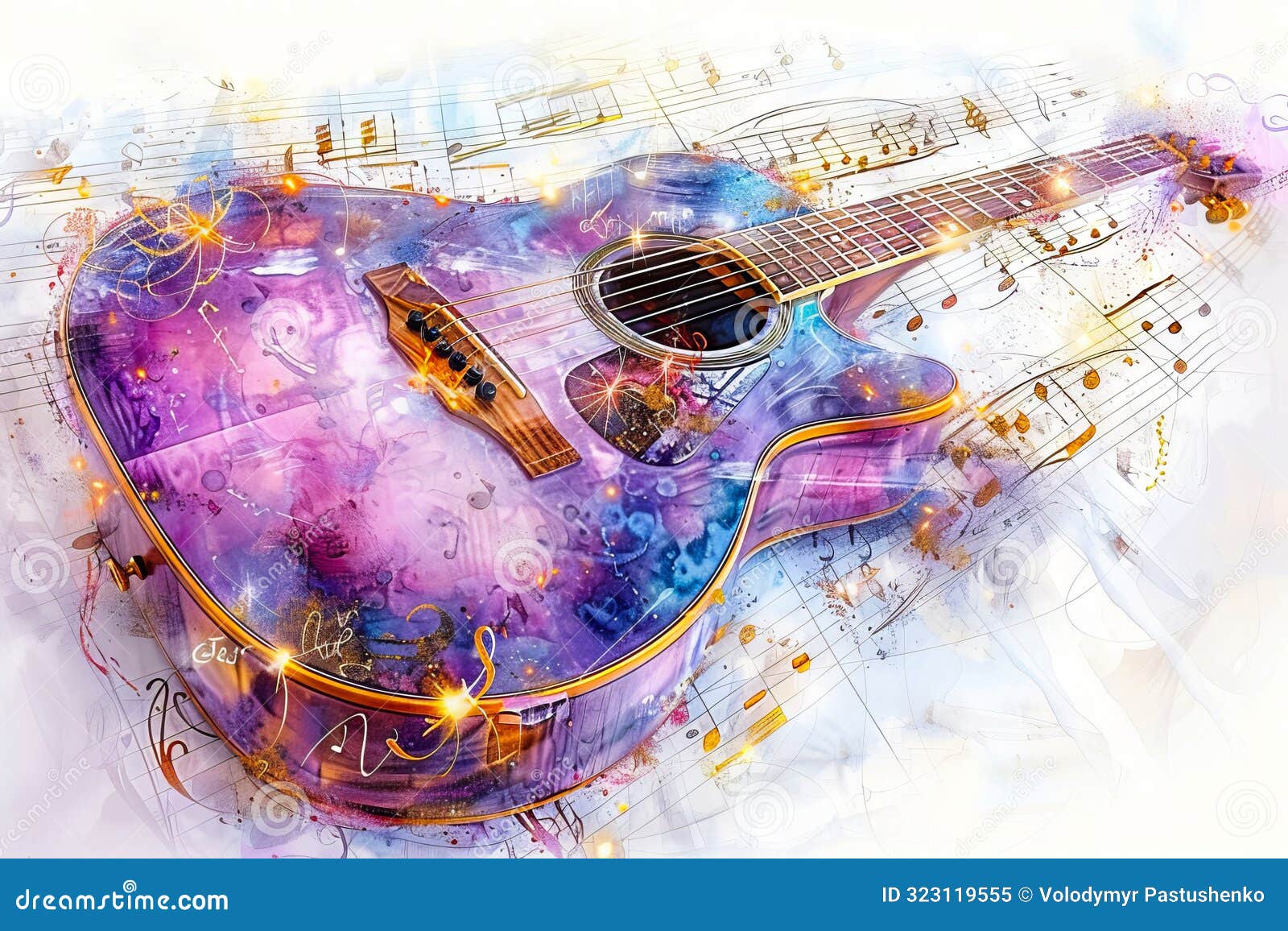 A Guitar with Musical Notes on it Stock Image - Image of instrument ...