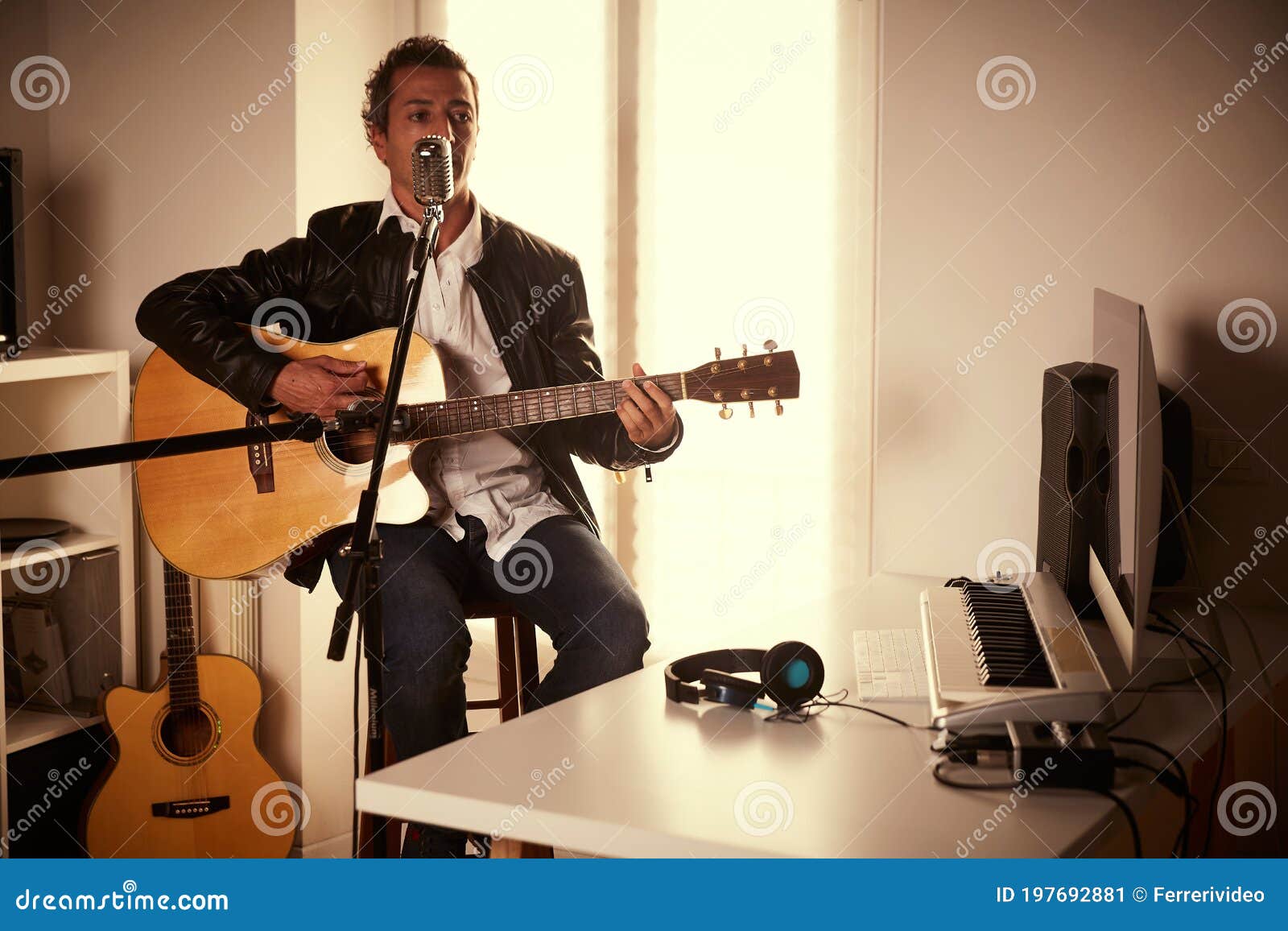 Guitar Player Recording at Home Studio Stock Image - Image of media ...