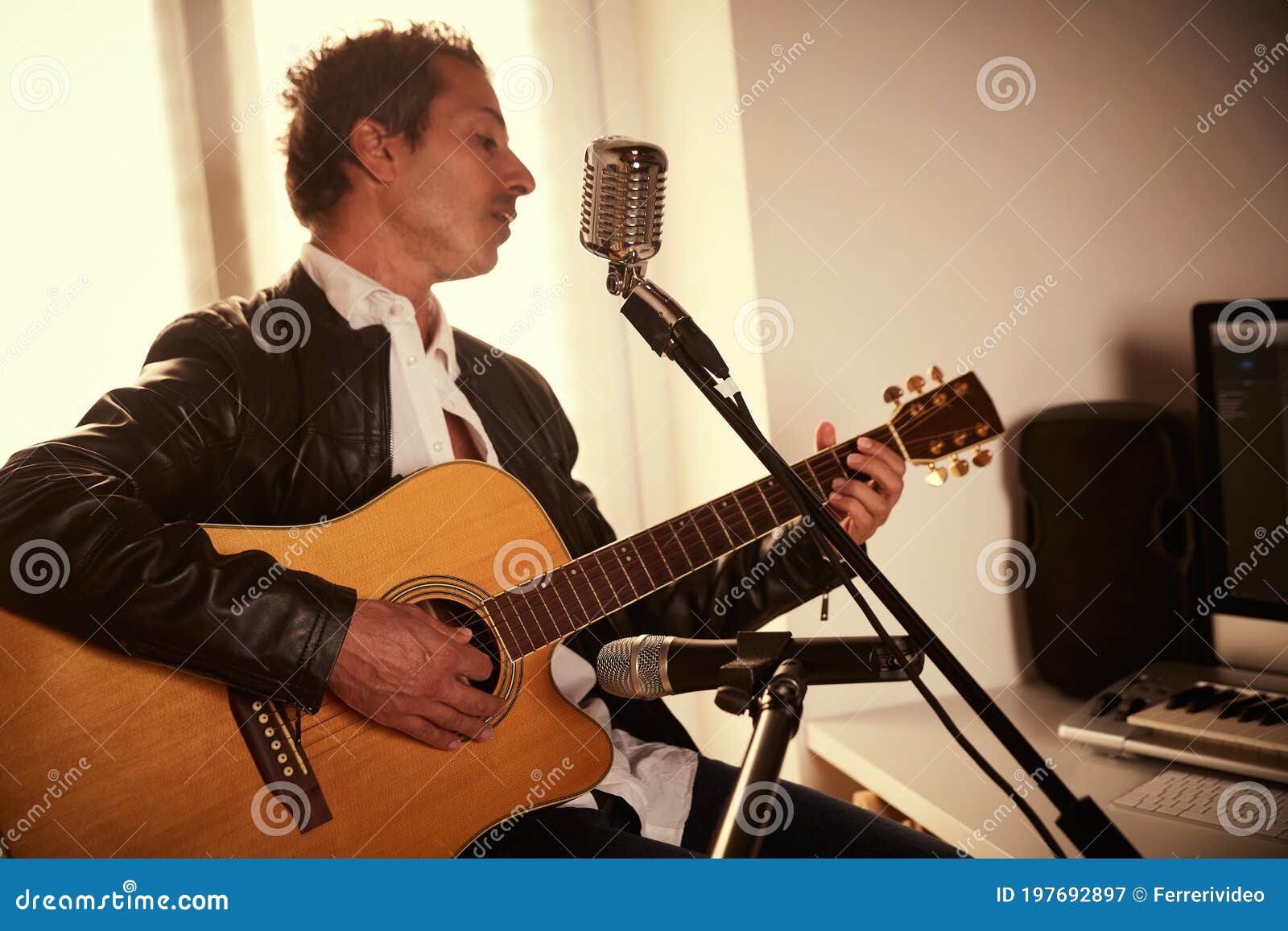 Guitar Player Recording at Home Studio Stock Image - Image of earphones ...
