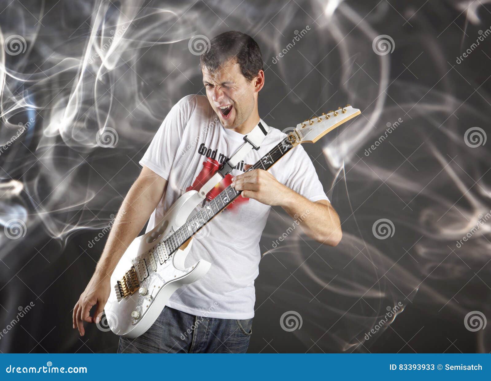 Guitar Player with White Electric Guitar Stock Image - Image of light ...