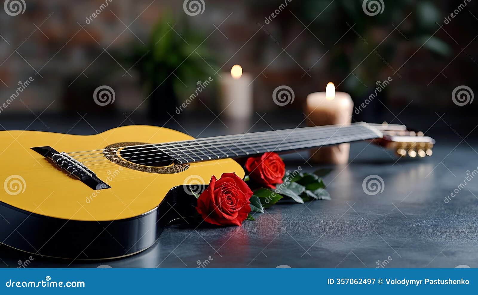 A Guitar and a Red Rose on a Table with a Candle Stock Image - Image of ...