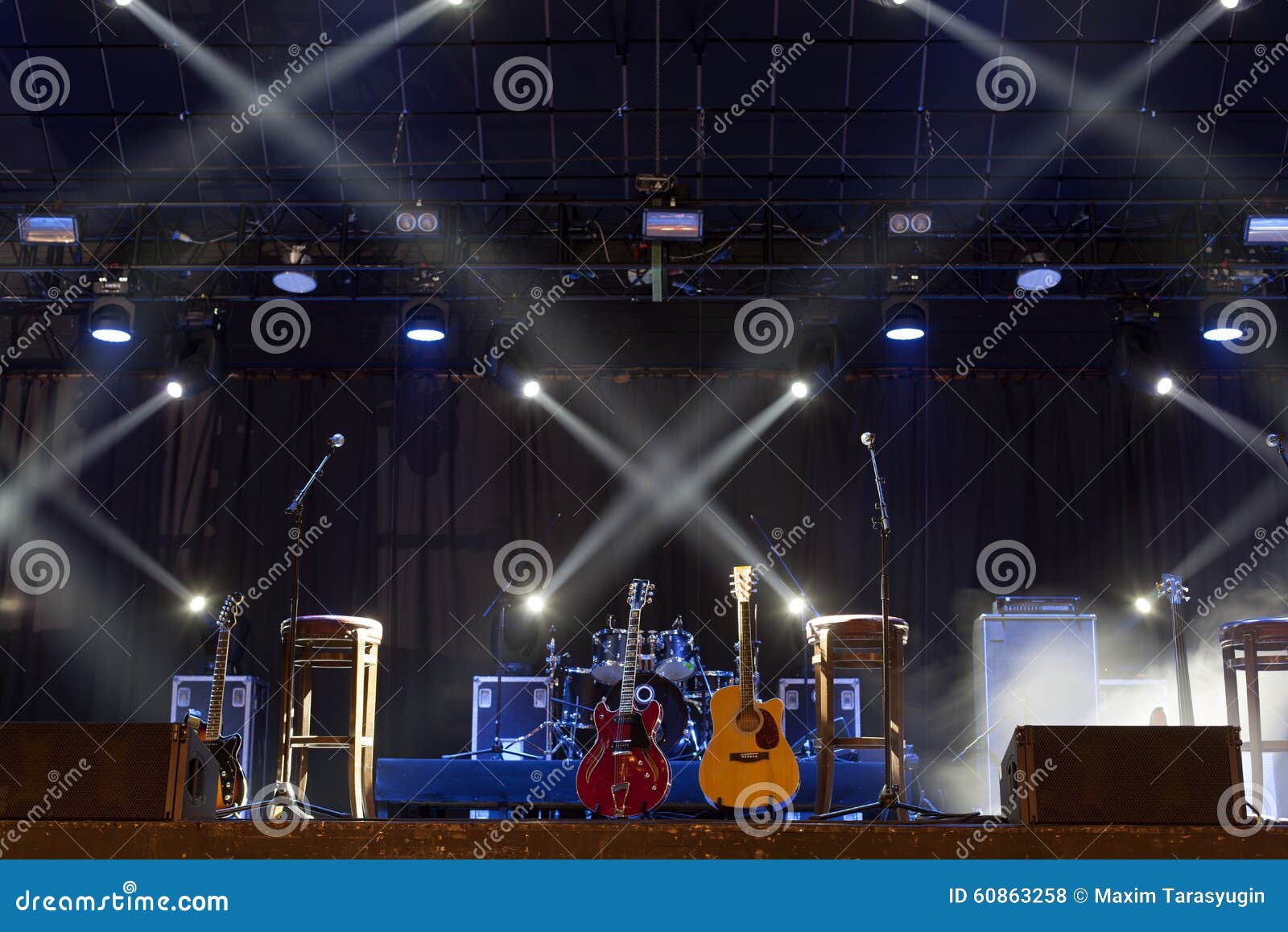 Guitar on Stage before Concert Stock Photo - Image of microphone, event ...
