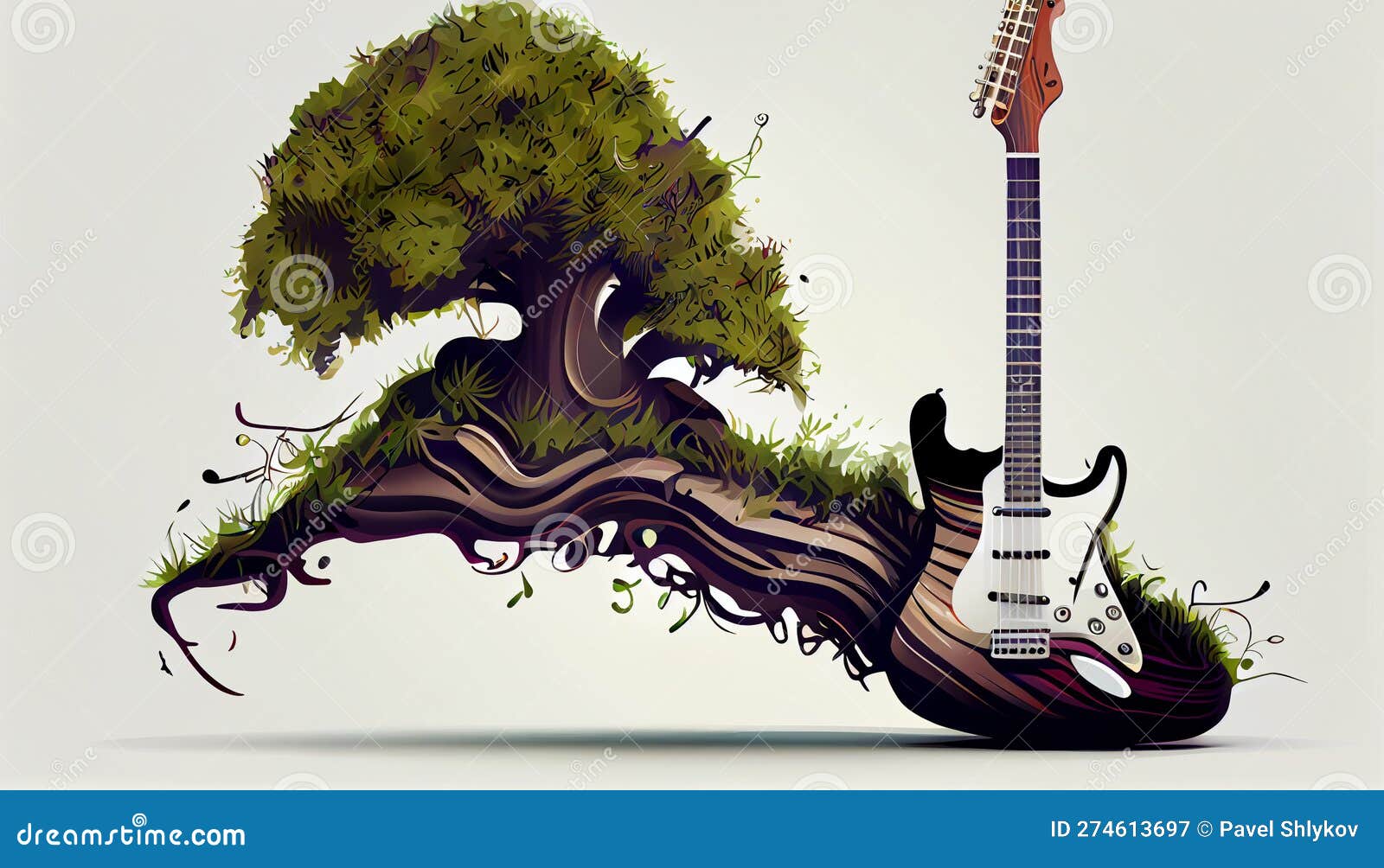 Guitar with tree and roots stock illustration. Illustration of ...