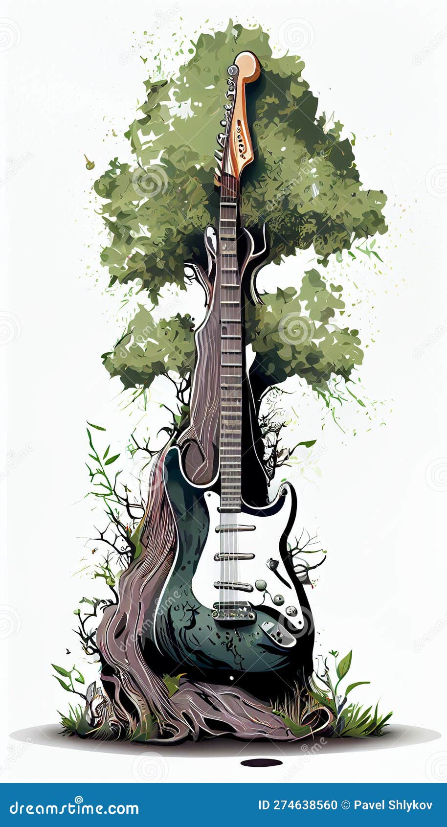 Guitar with tree and roots stock illustration. Illustration of project ...