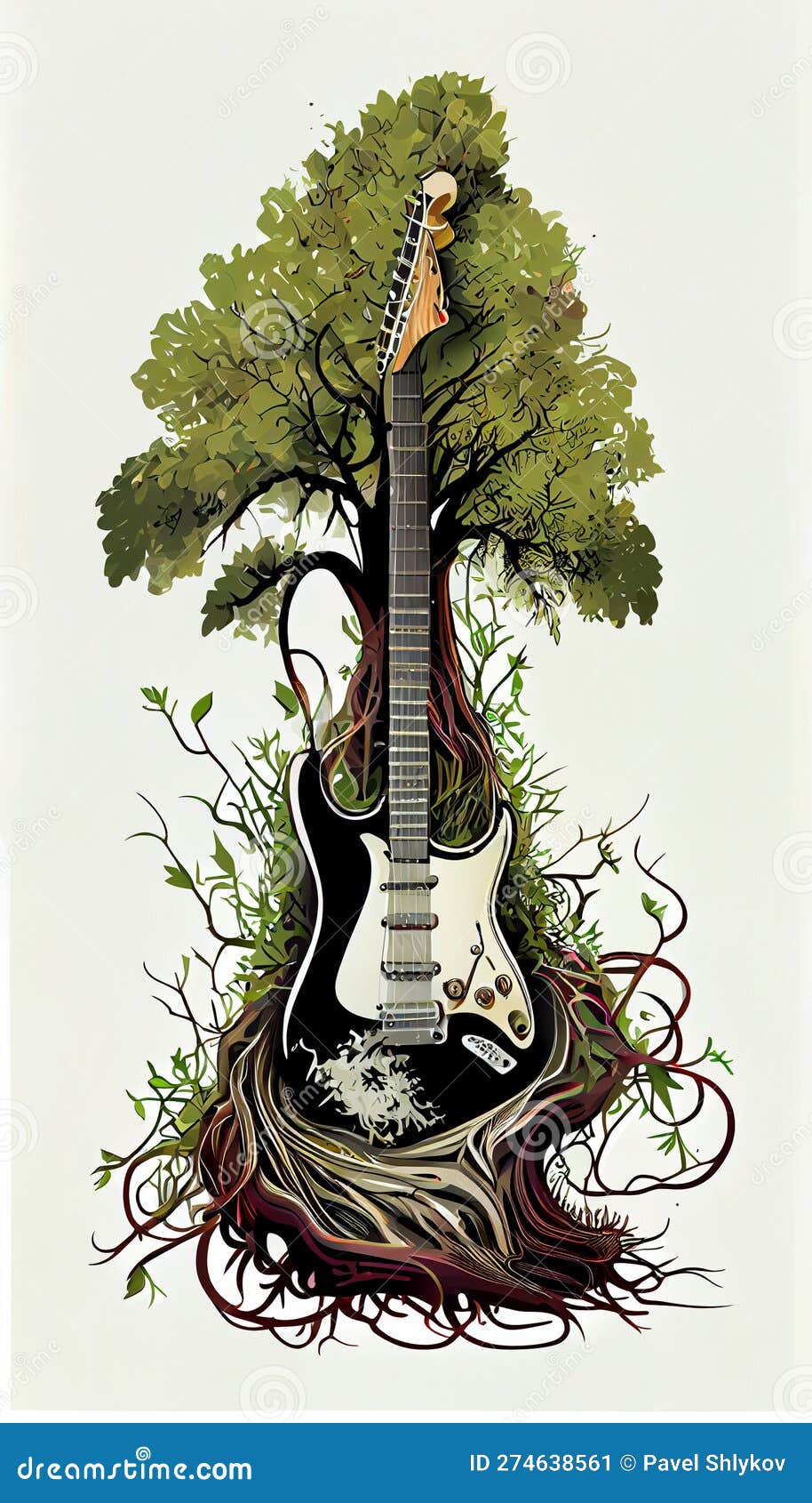 Guitar with tree and roots stock illustration. Illustration of musical ...