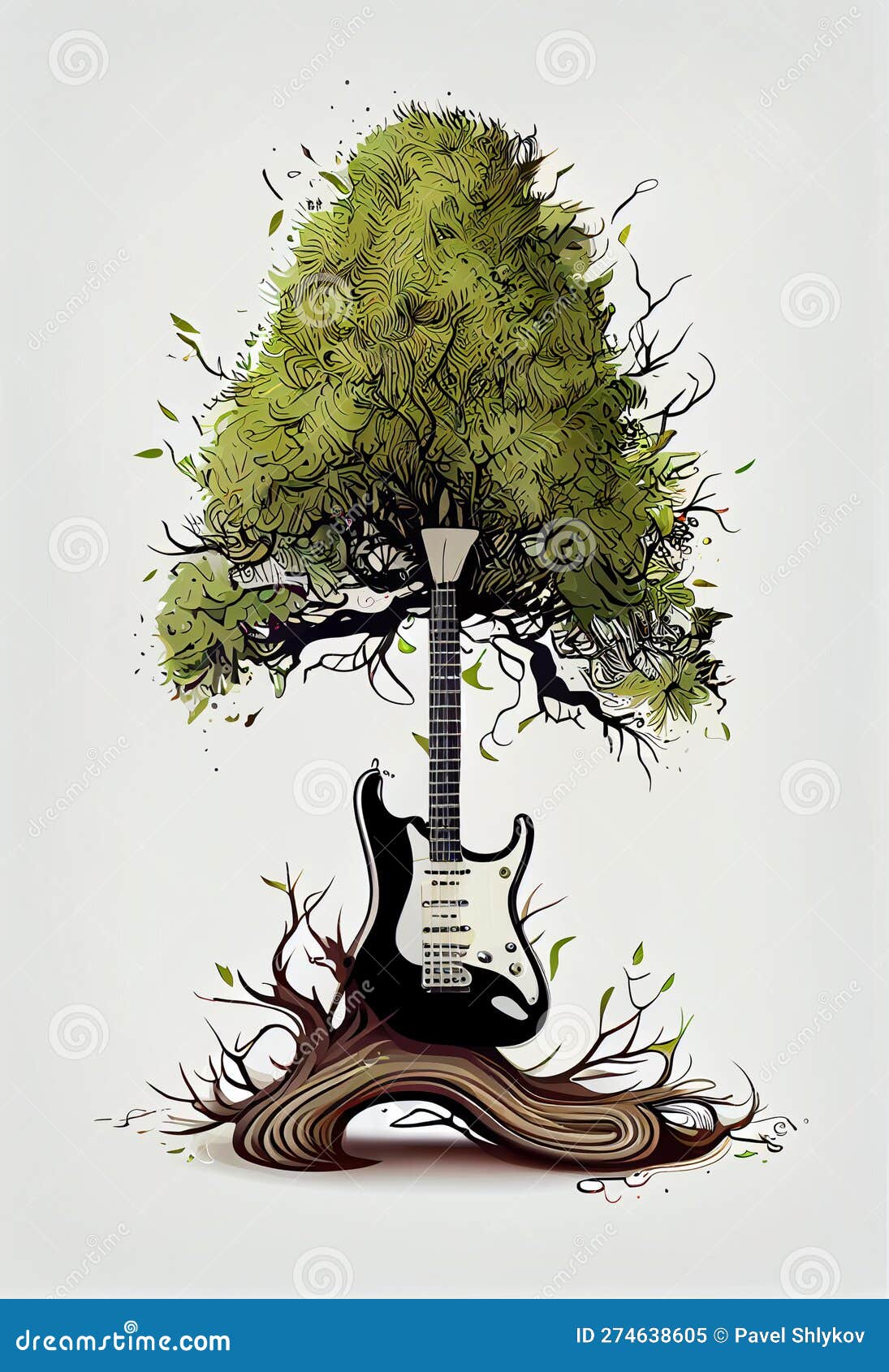 Guitar with tree and roots stock illustration. Illustration of guitar ...