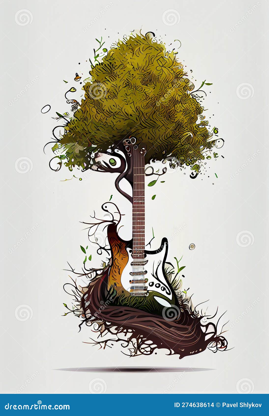 Guitar with tree and roots stock illustration. Illustration of play ...