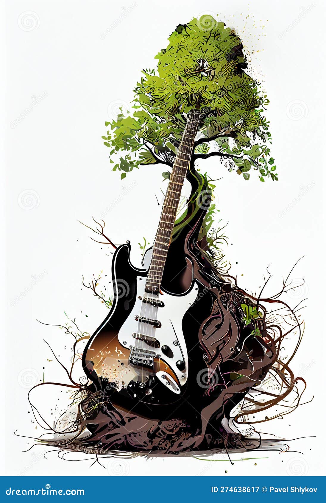Guitar with tree and roots stock illustration. Illustration of rock ...