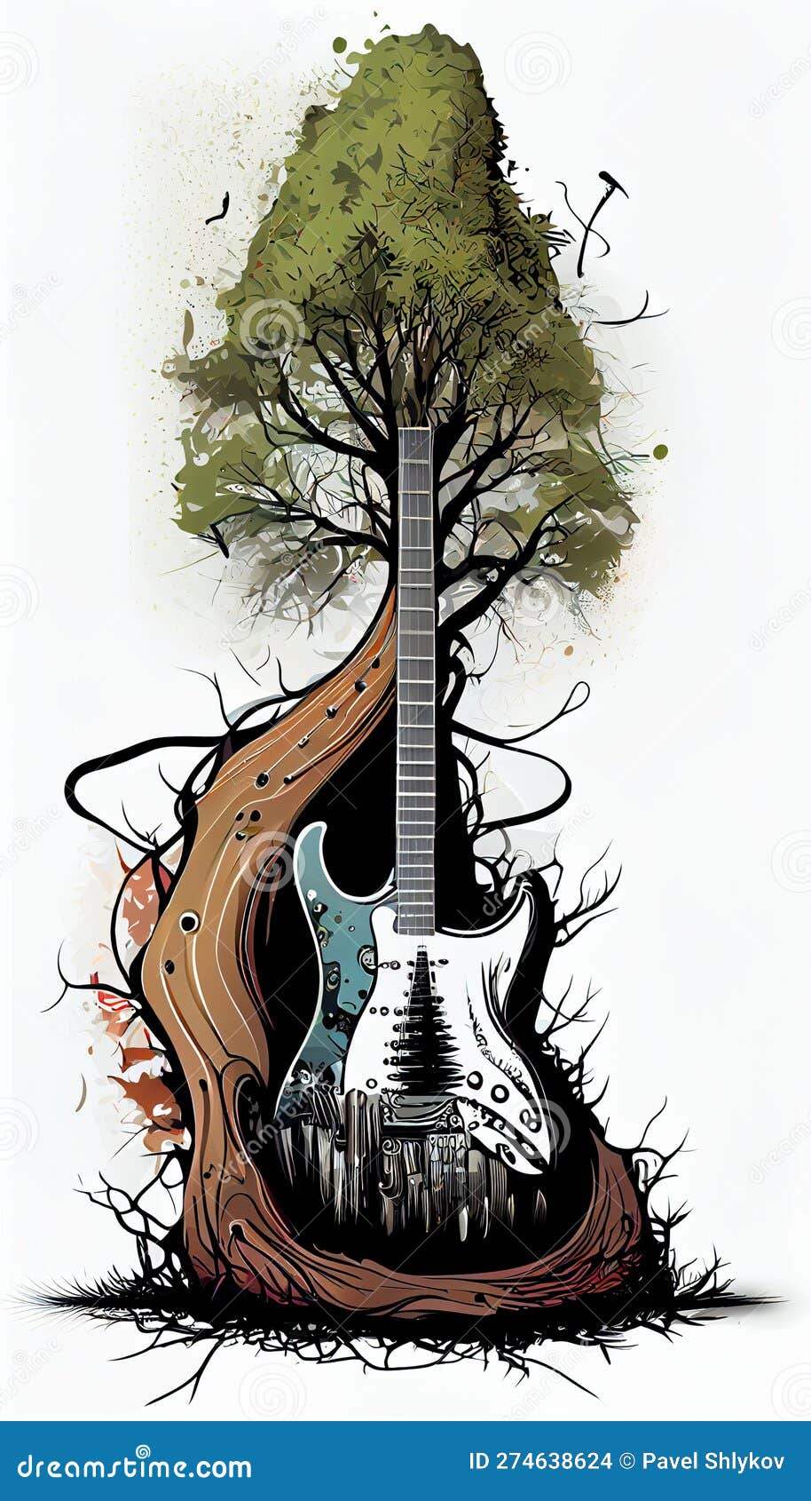Guitar with tree and roots stock illustration. Illustration of fest ...