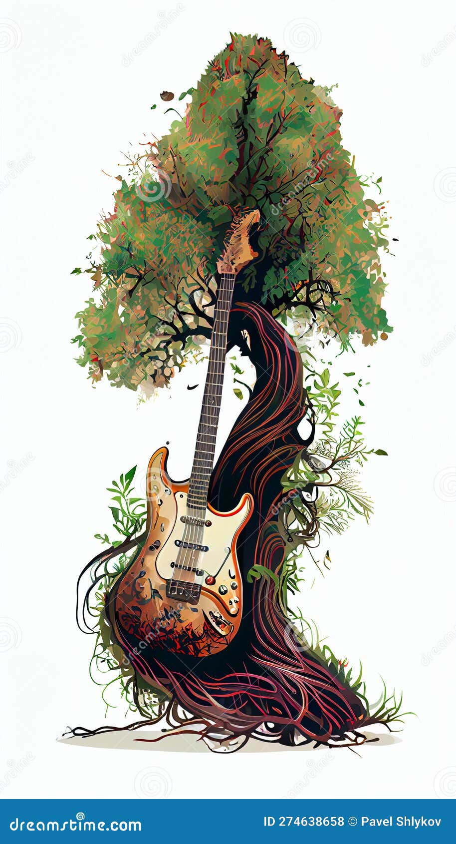 Guitar with tree and roots stock illustration. Illustration of design ...
