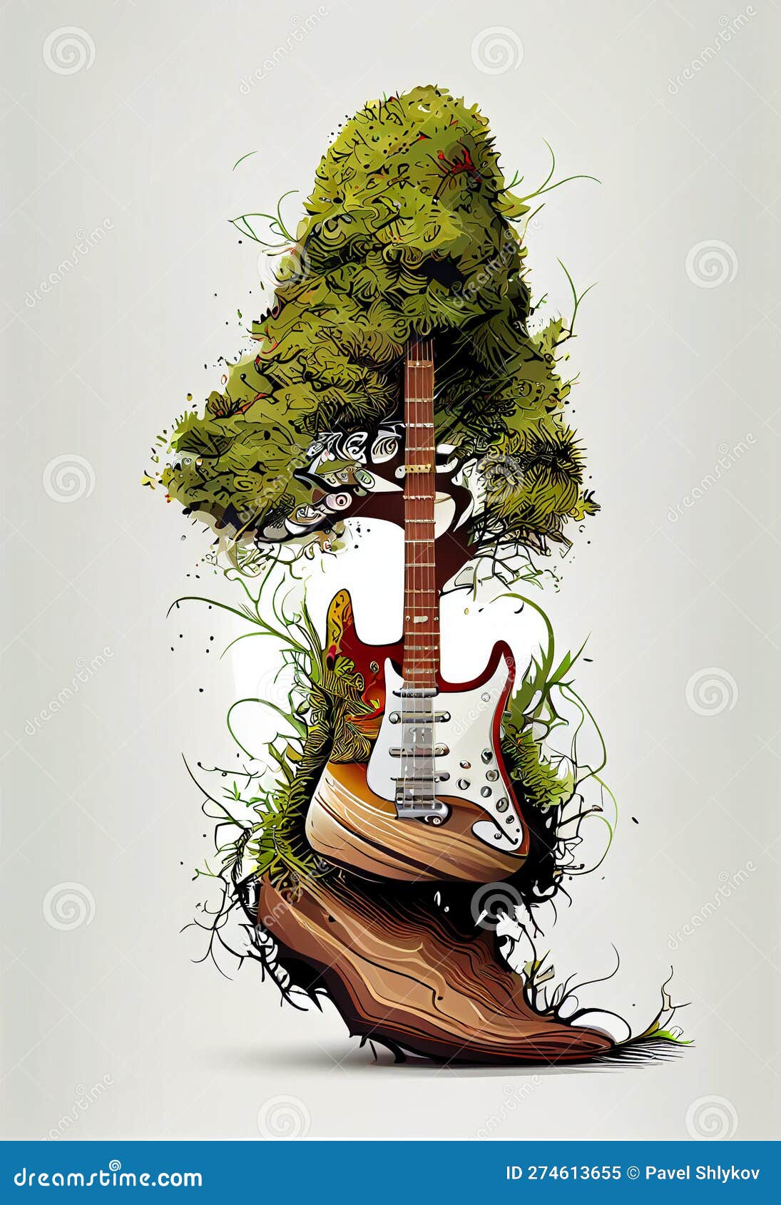 Guitar with tree and roots stock image. Image of project - 274613655