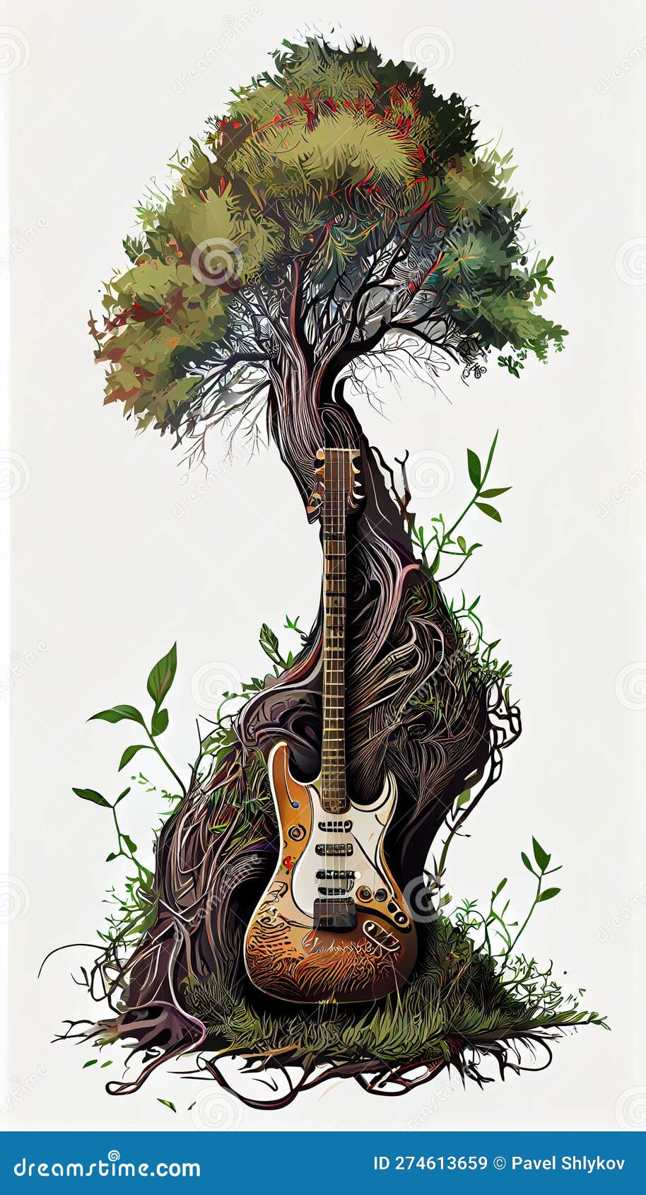 Guitar with tree and roots stock image. Image of note - 274613659