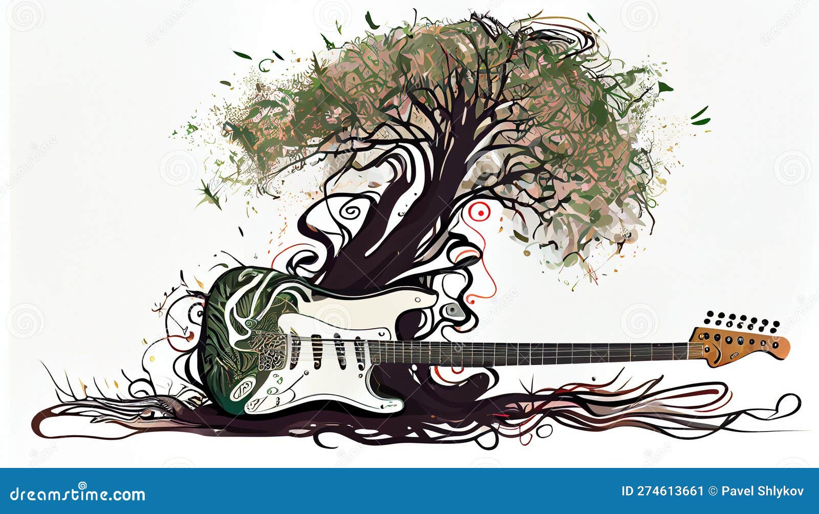 Guitar with tree and roots stock illustration. Illustration of bizarre ...