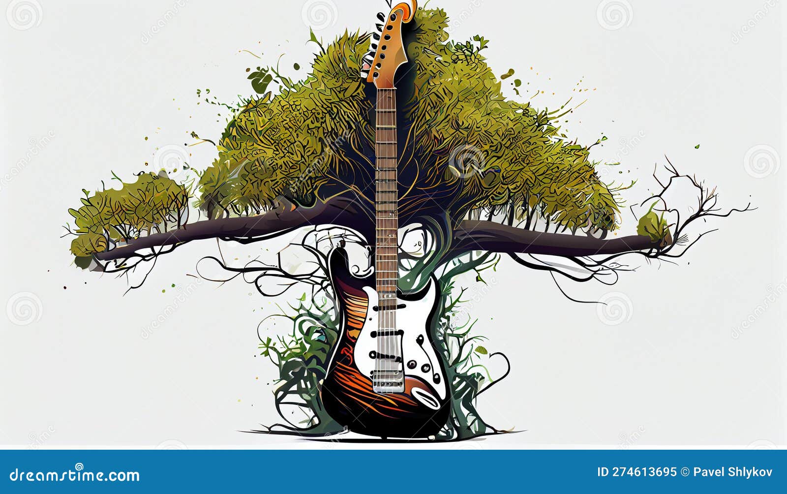 Guitar with tree and roots stock image. Image of concert - 274613695
