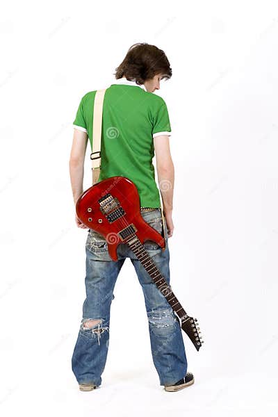 Guitarist with His Guitar on Back Stock Photo - Image of hair, play ...
