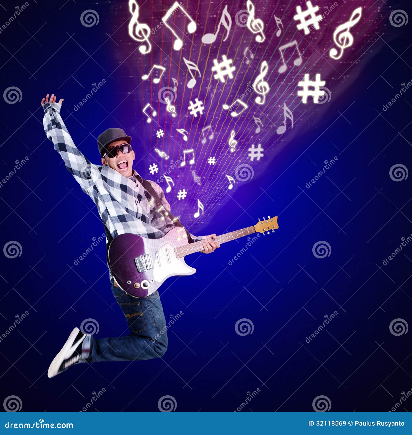 Guitarist Jumping with Musical Notes on Blue Stock Illustration ...