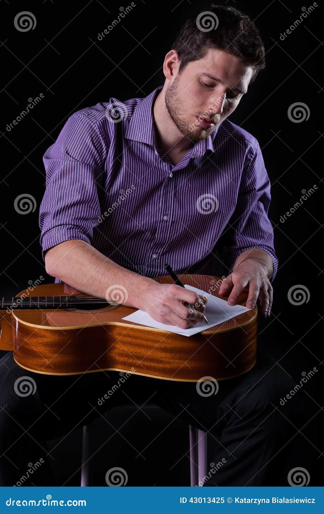 Guitarist writing new song stock image. Image of relax - 43013425
